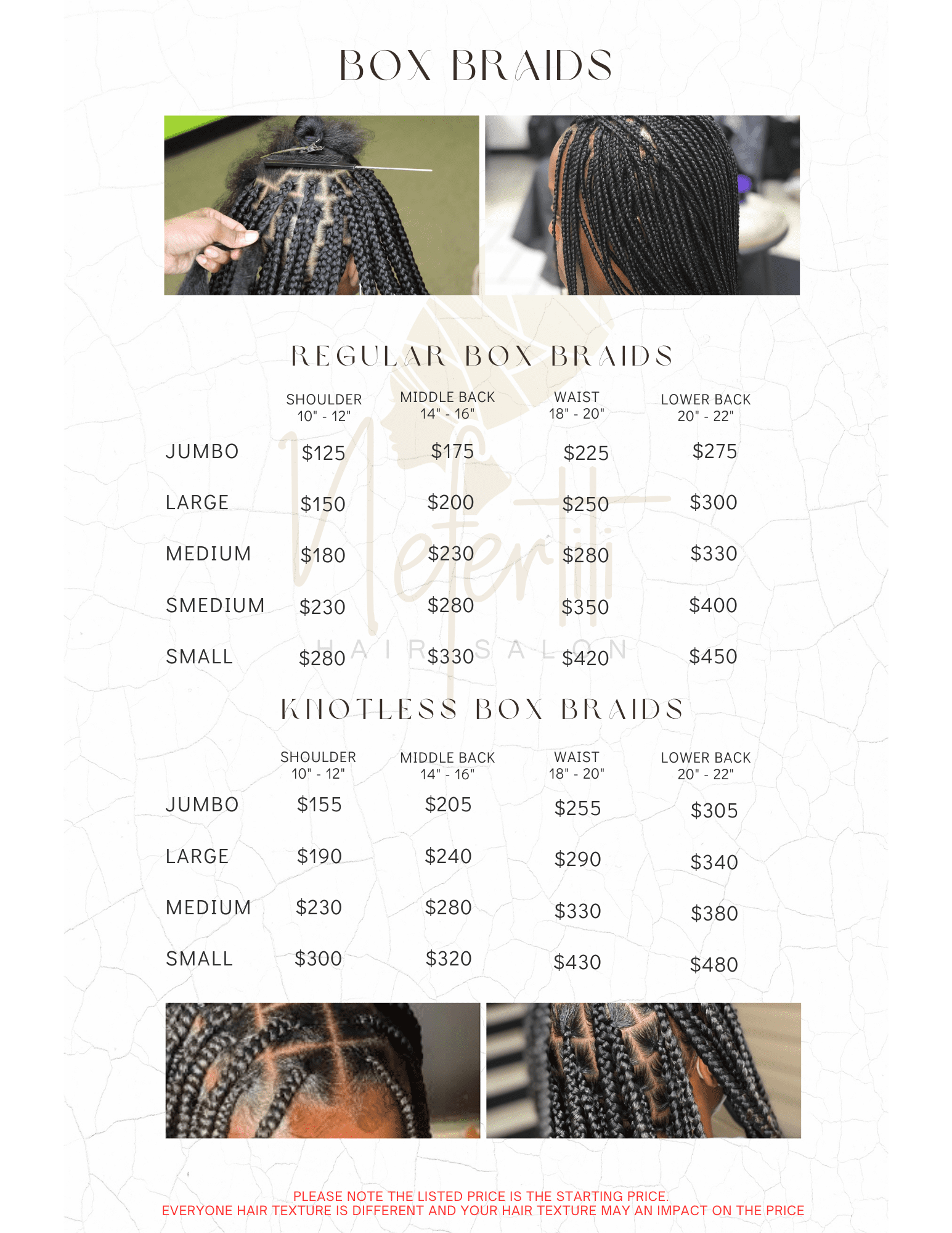 Our Prices - Nefertiti Hair Braiding Salon